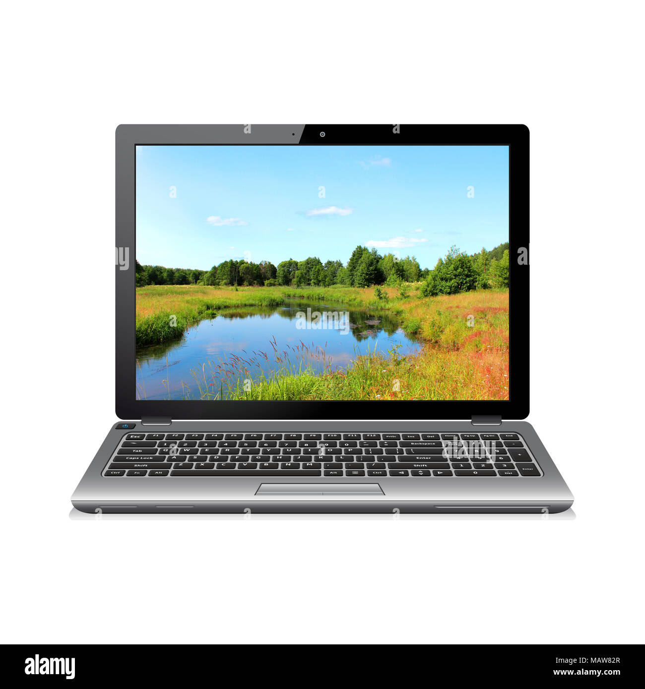 Modern laptop with landscape wallpaper Stock Photo - Alamy
