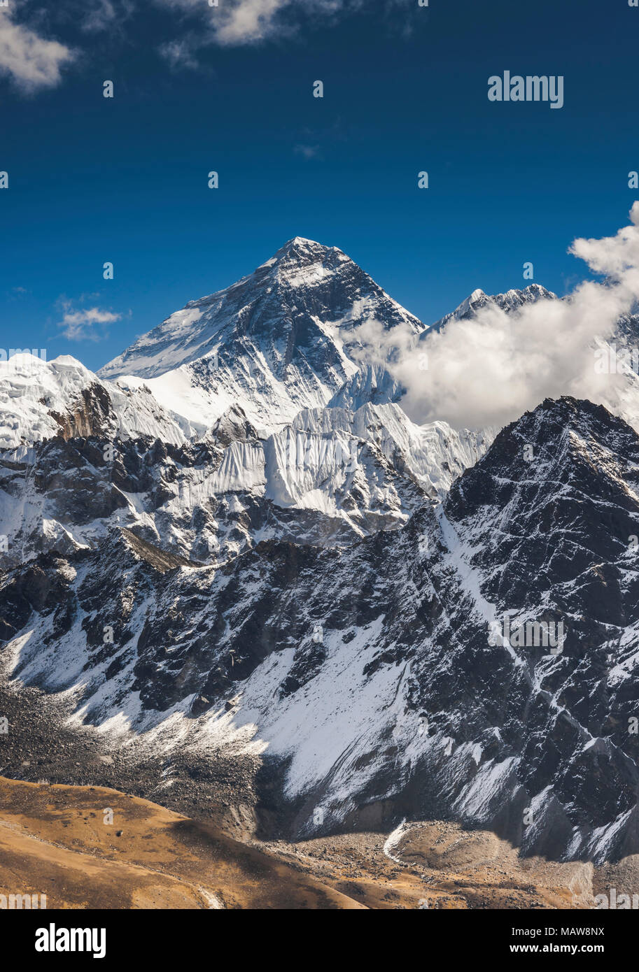 Everest summit from Gokyo Ri peak in Himalayas. Everest Base camp trek ...