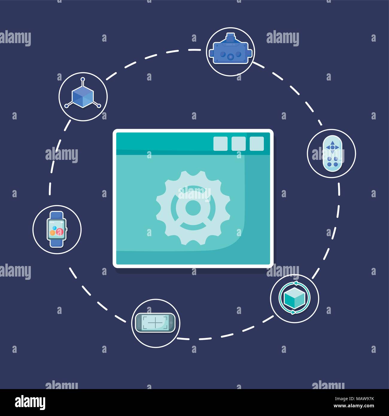 web interface and virtual reality related icons around over blue ...