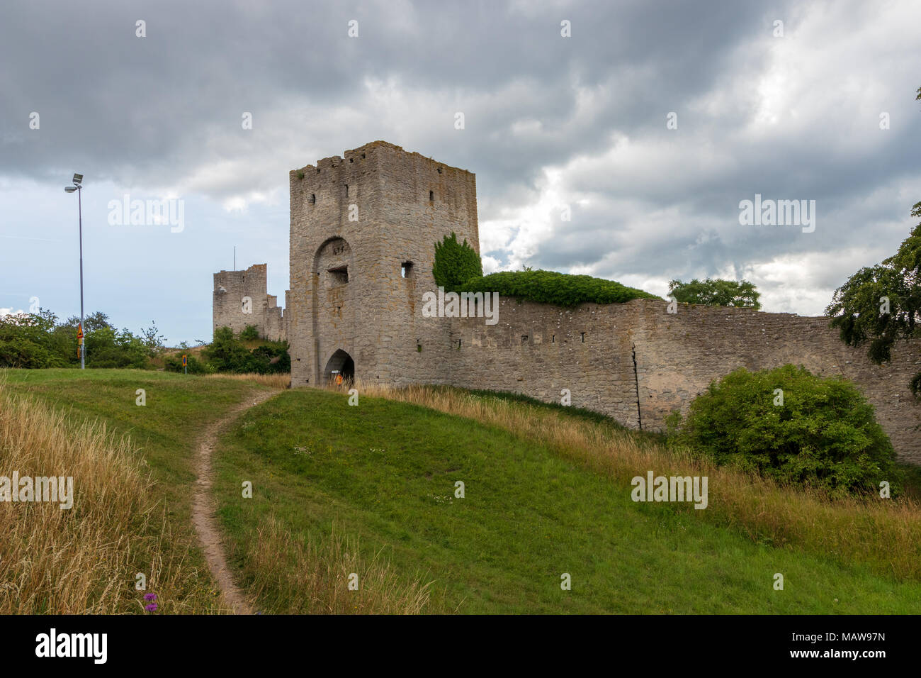 The Visby city wall on the island of Gotland in Sweden. It is the ...