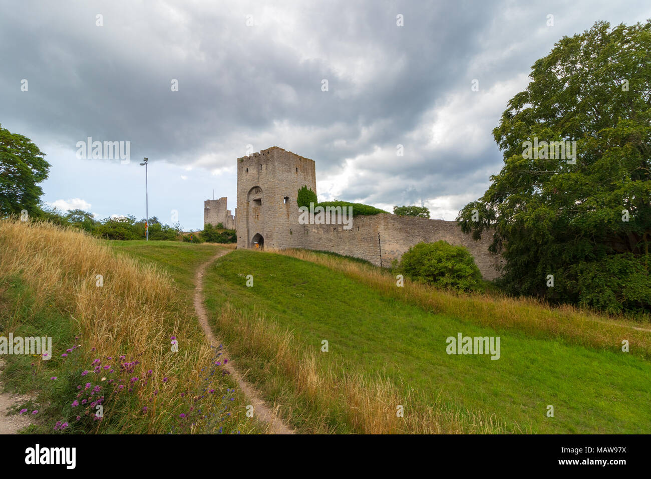 The Visby city wall on the island of Gotland in Sweden. It is the ...