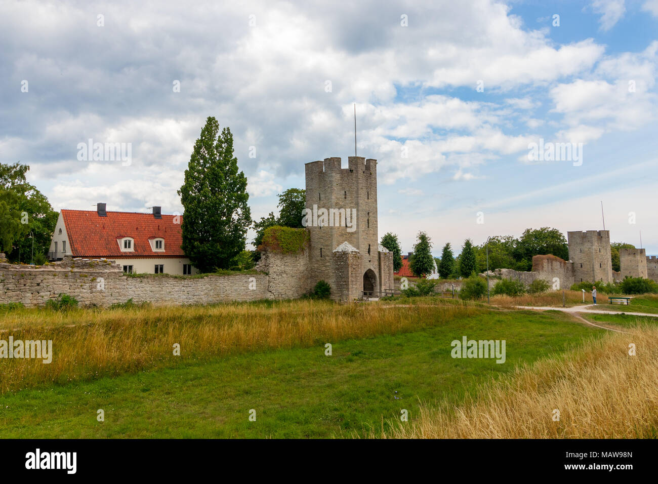 The Visby city wall on the island of Gotland in Sweden. It is the ...