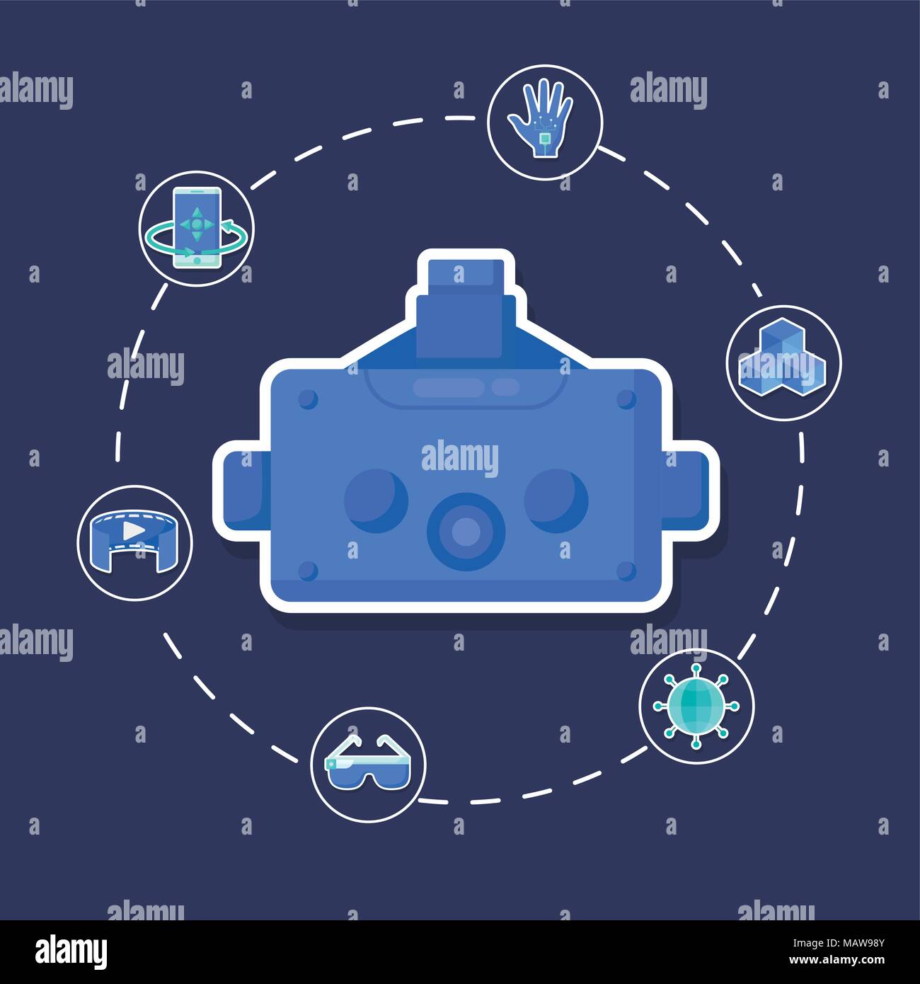 scope and virtual reality related icons around over blue background ...