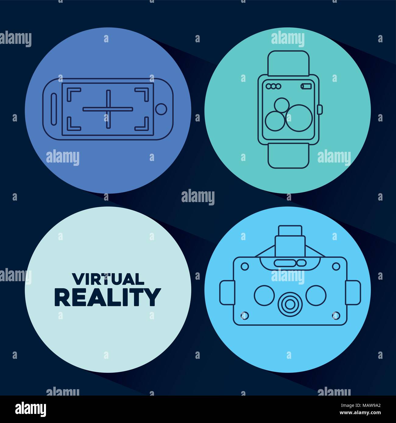 Icon set of virtual reality concept over colorful circles and blue ...