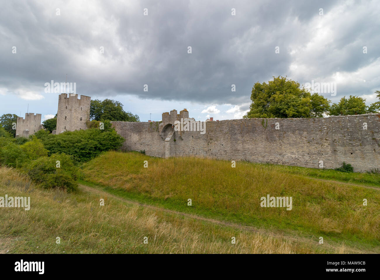 The Visby city wall on the island of Gotland in Sweden. It is the ...