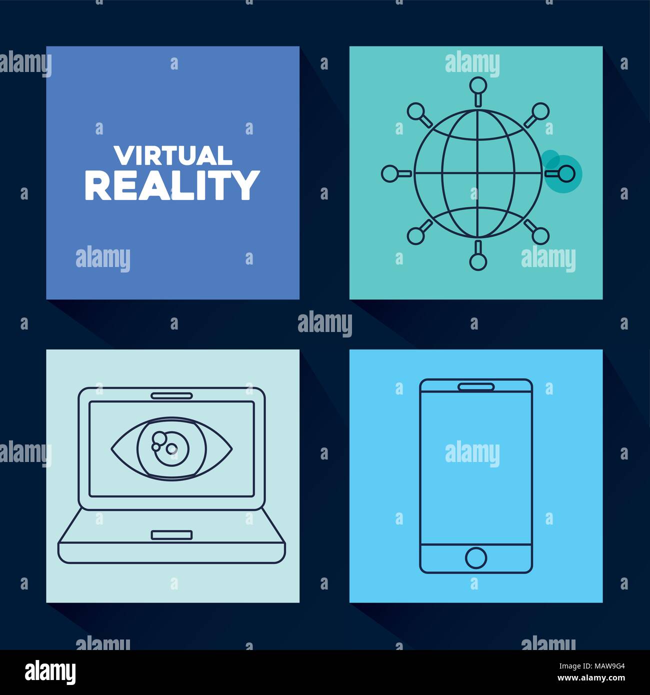 Icon set of virtual reality concept over colorful squares and blue ...