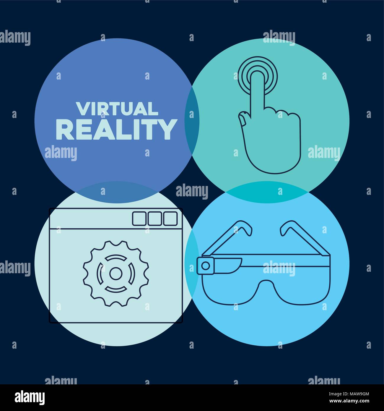 Icon set of virtual reality concept over colorful circles and blue ...