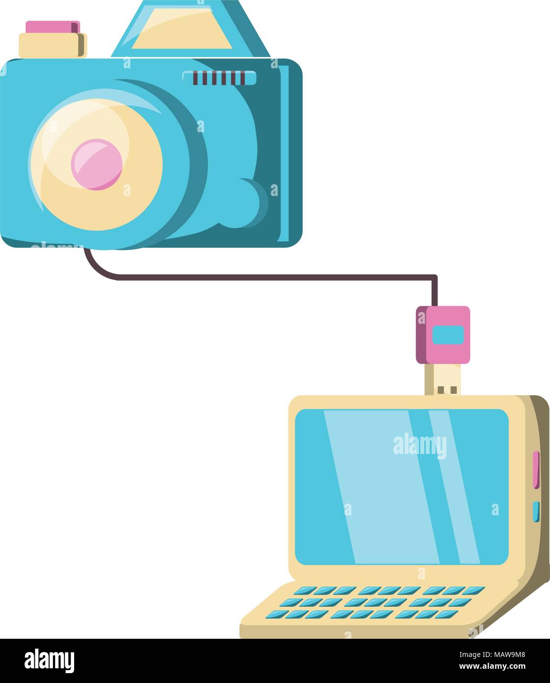 camera plugged into a laptop over white background, colorful design ...
