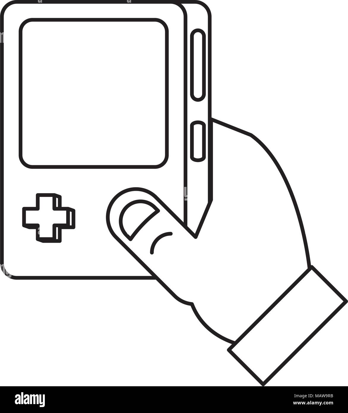 hand with portable videogame icon over white background, vector ...