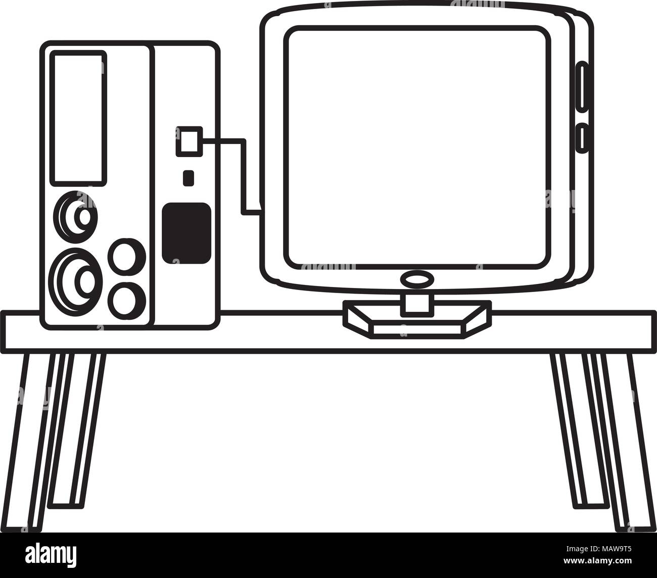 desk with videogame connected to computer over white background, vector ...