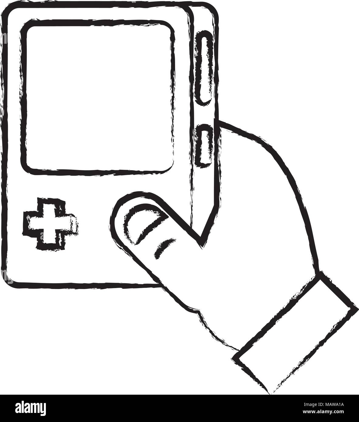 sketch of hand with portable videogame icon over white background ...