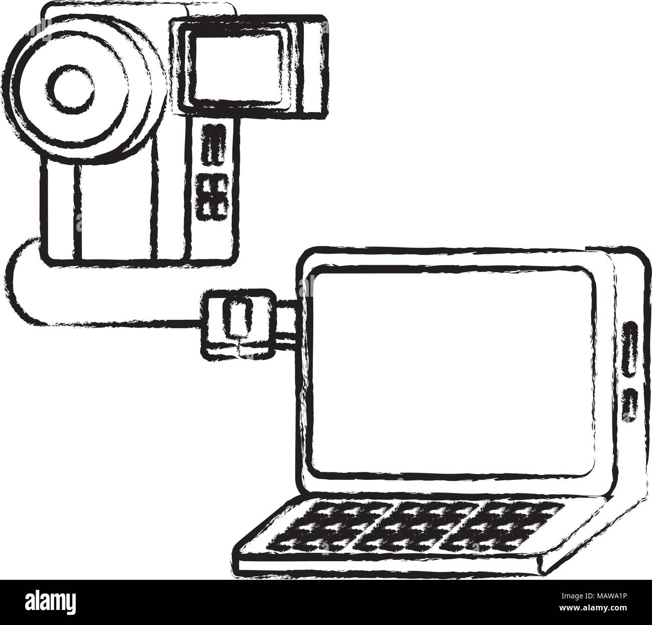 sketch of camera plugged into a laptop over white background, vector ...