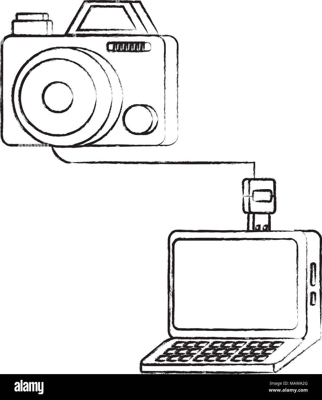 sketch of camera plugged into a laptop over white background, vector ...
