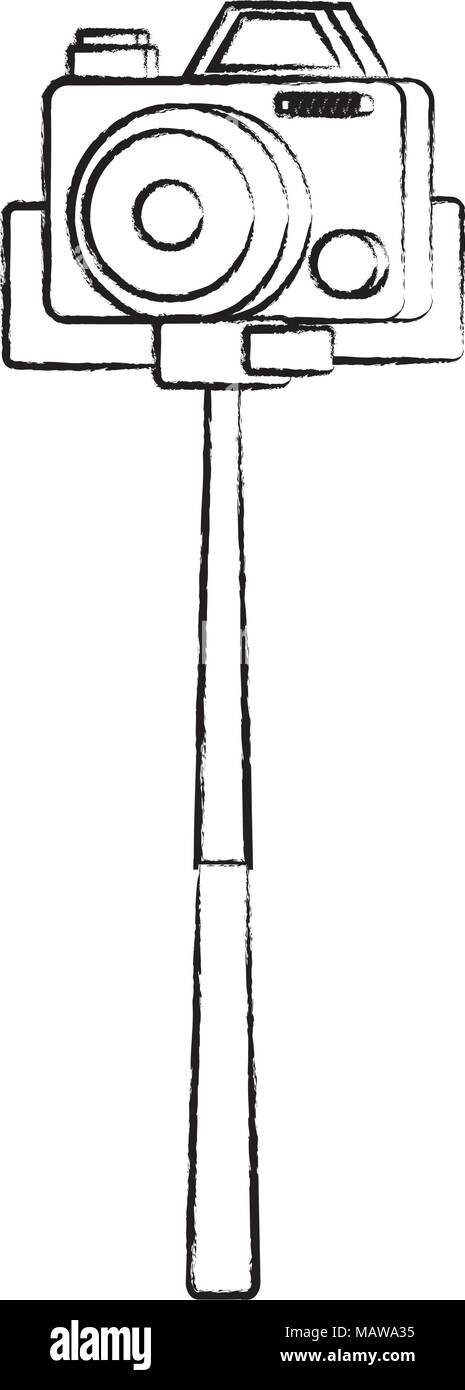 sketch of selfie stick with photographic camera over white background ...