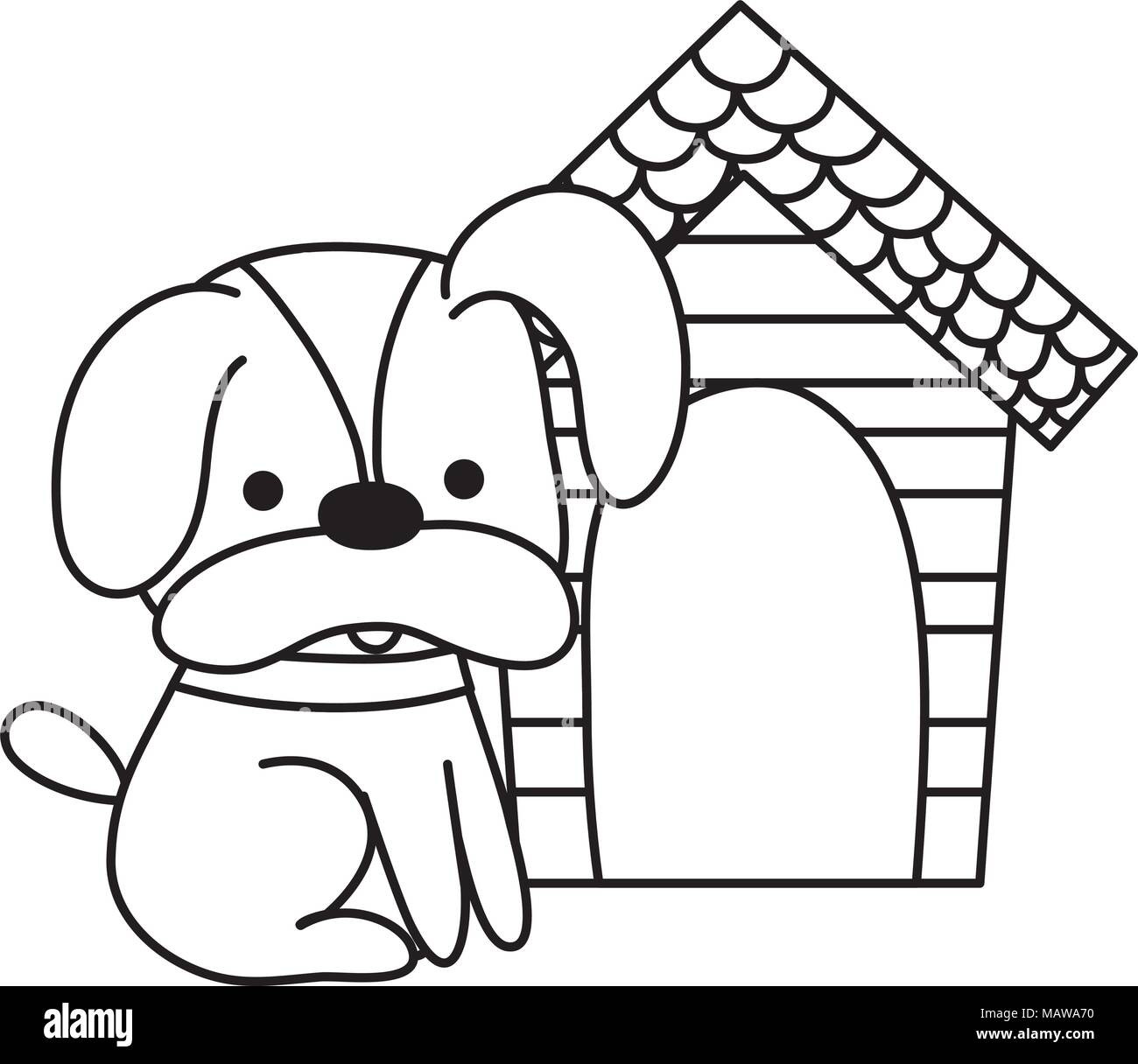 line dog pet animal with wood house vector illustration Stock Vector ...