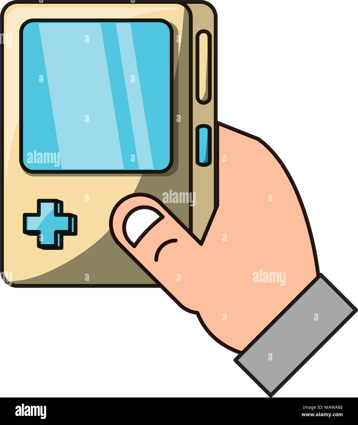 hand with portable videogame icon over white background, colorful ...