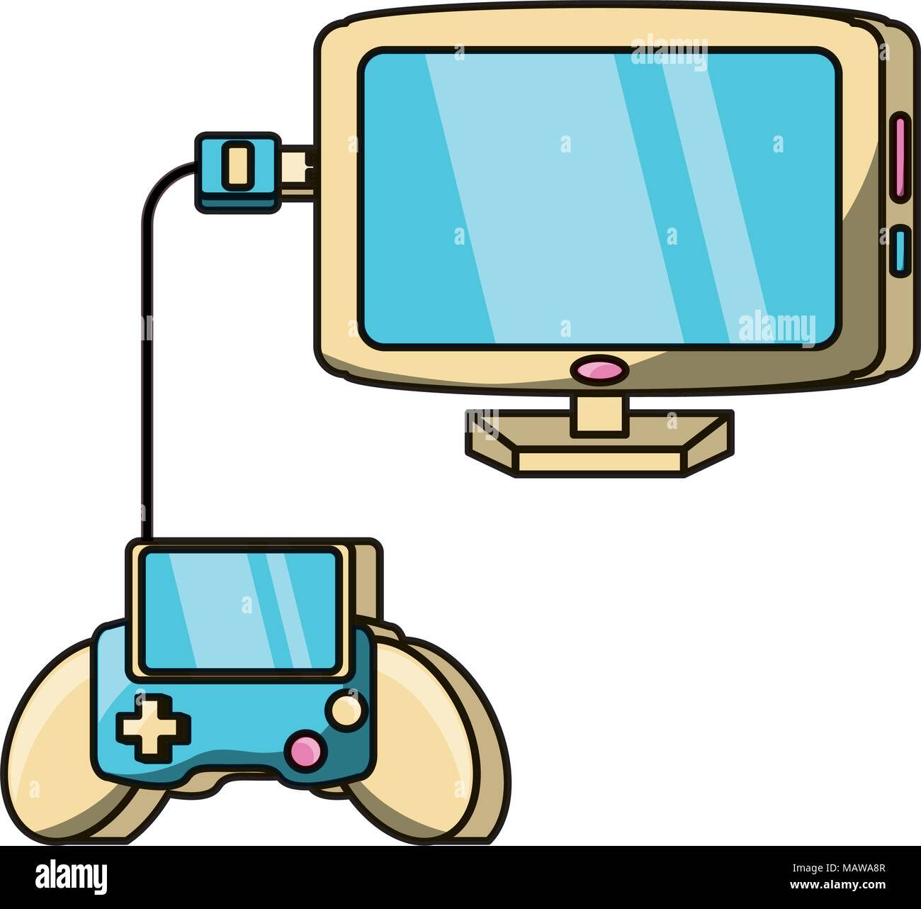 portable videogame connected to computer over white background, vector ...