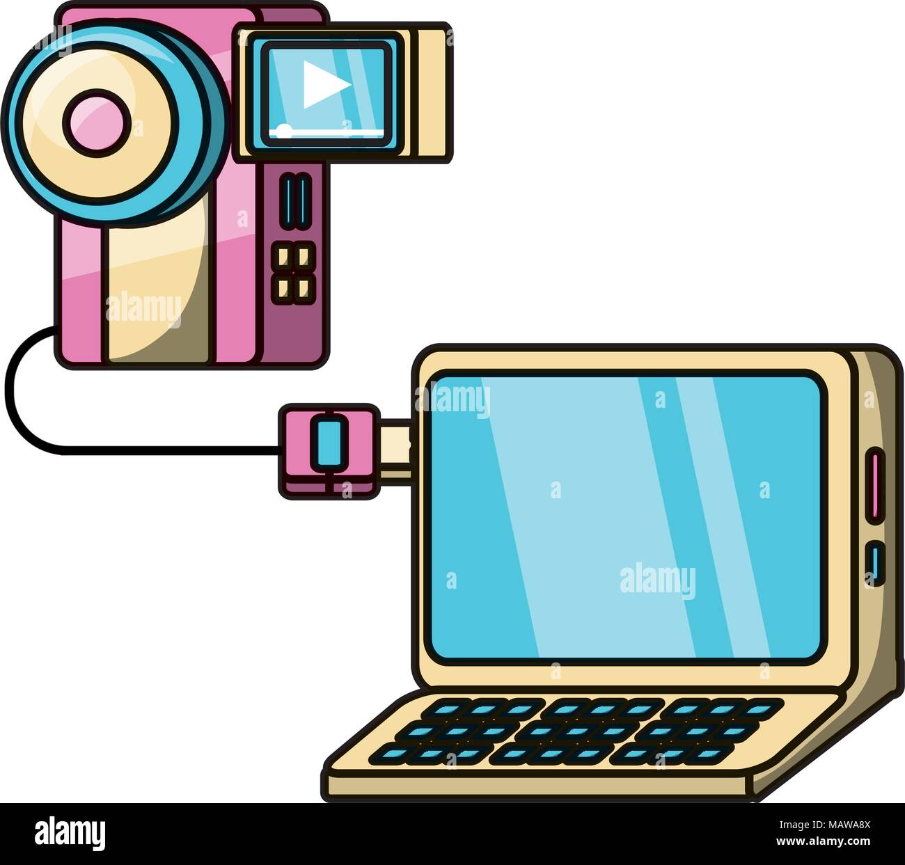 camera plugged into a laptop over white background, colorful design ...