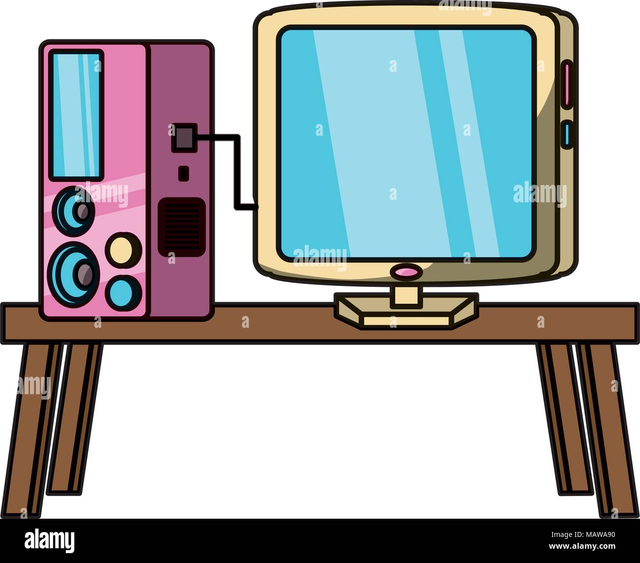 desk with videogame connected to computer over white background, vector ...