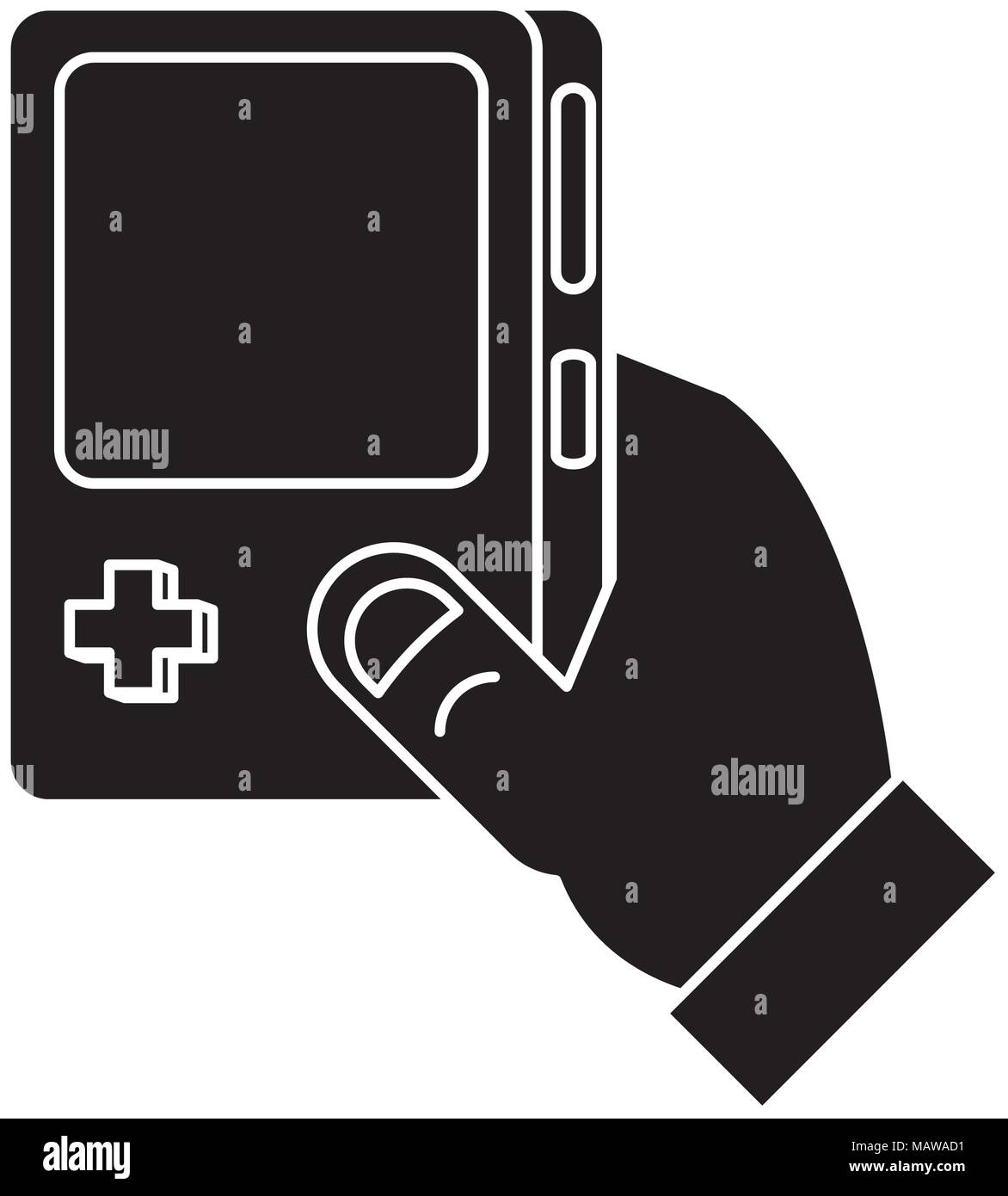 hand with portable videogame icon over white background, vector ...