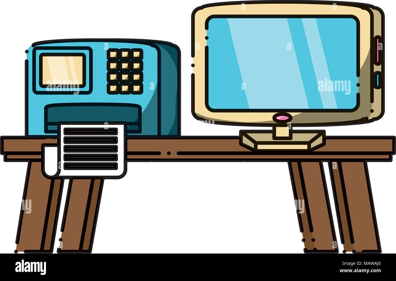 desk with printer and computer over white background, vector ...