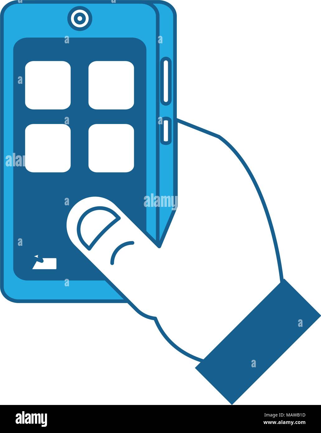 hand with smartphone device icon over white background, blue shading ...