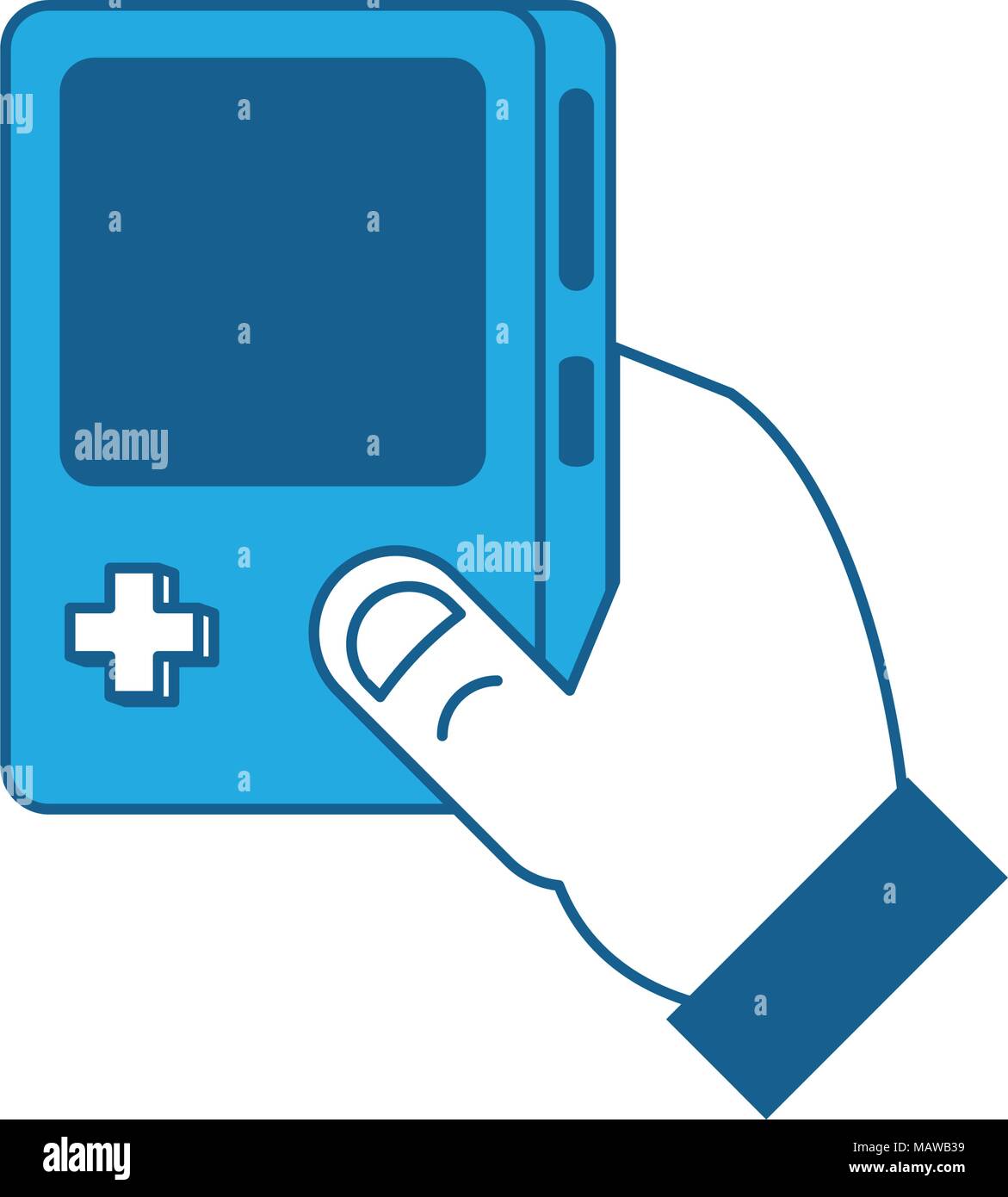 hand with portable videogame icon over white background, blue shading ...