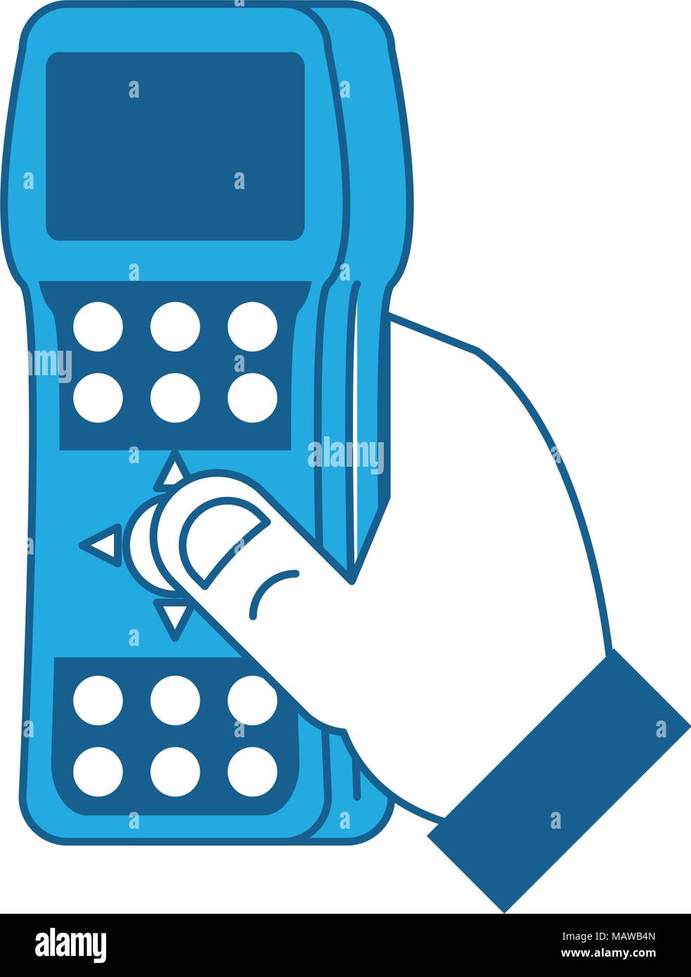 hand with tv remote control icon over white background, vector ...