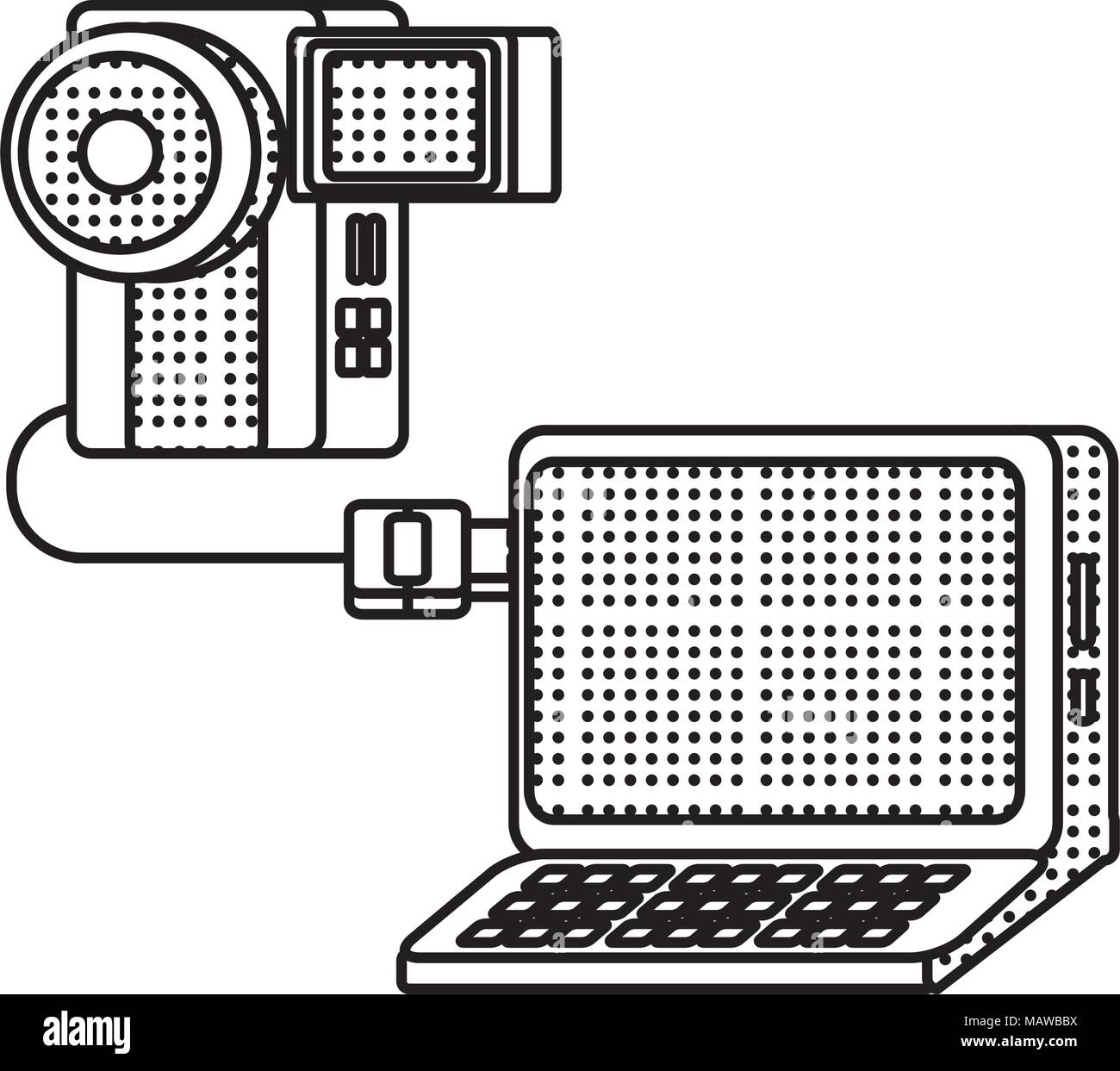 sketch of camera plugged into a laptop over white background, vector ...