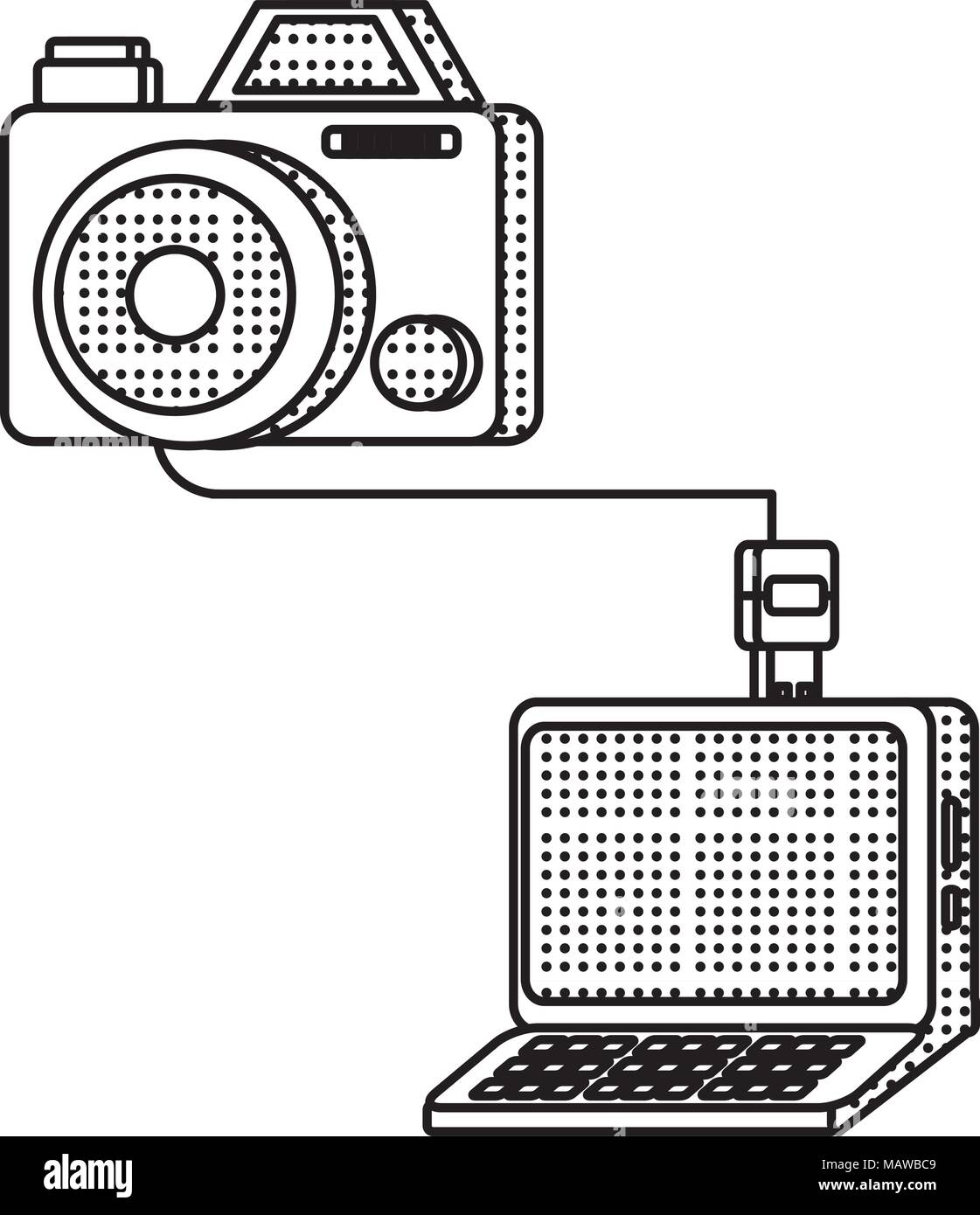 sketch of camera plugged into a laptop over white background, vector ...
