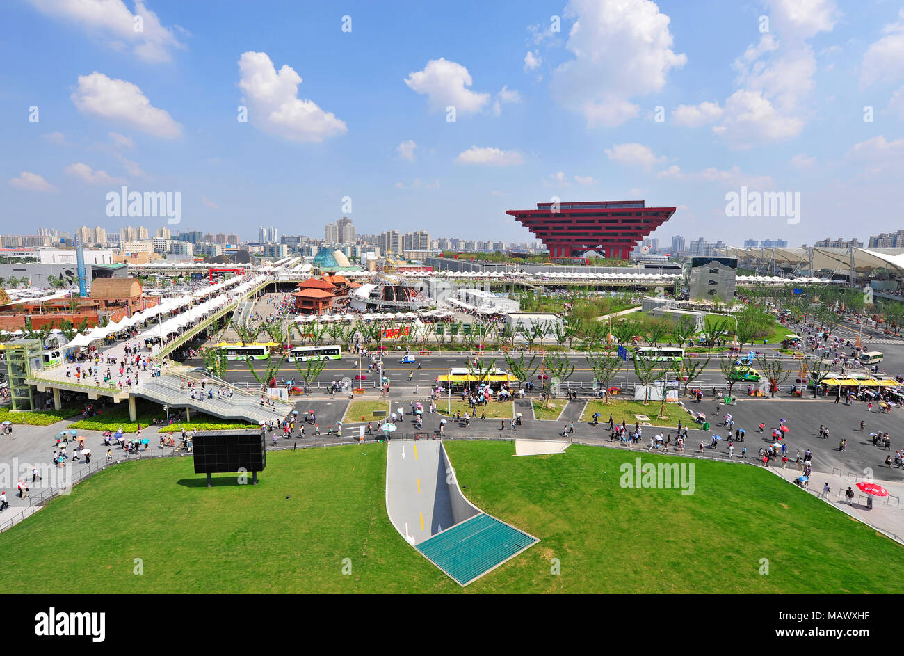 View across the pavilions from the Culture center at the 2010 Shanghai ...