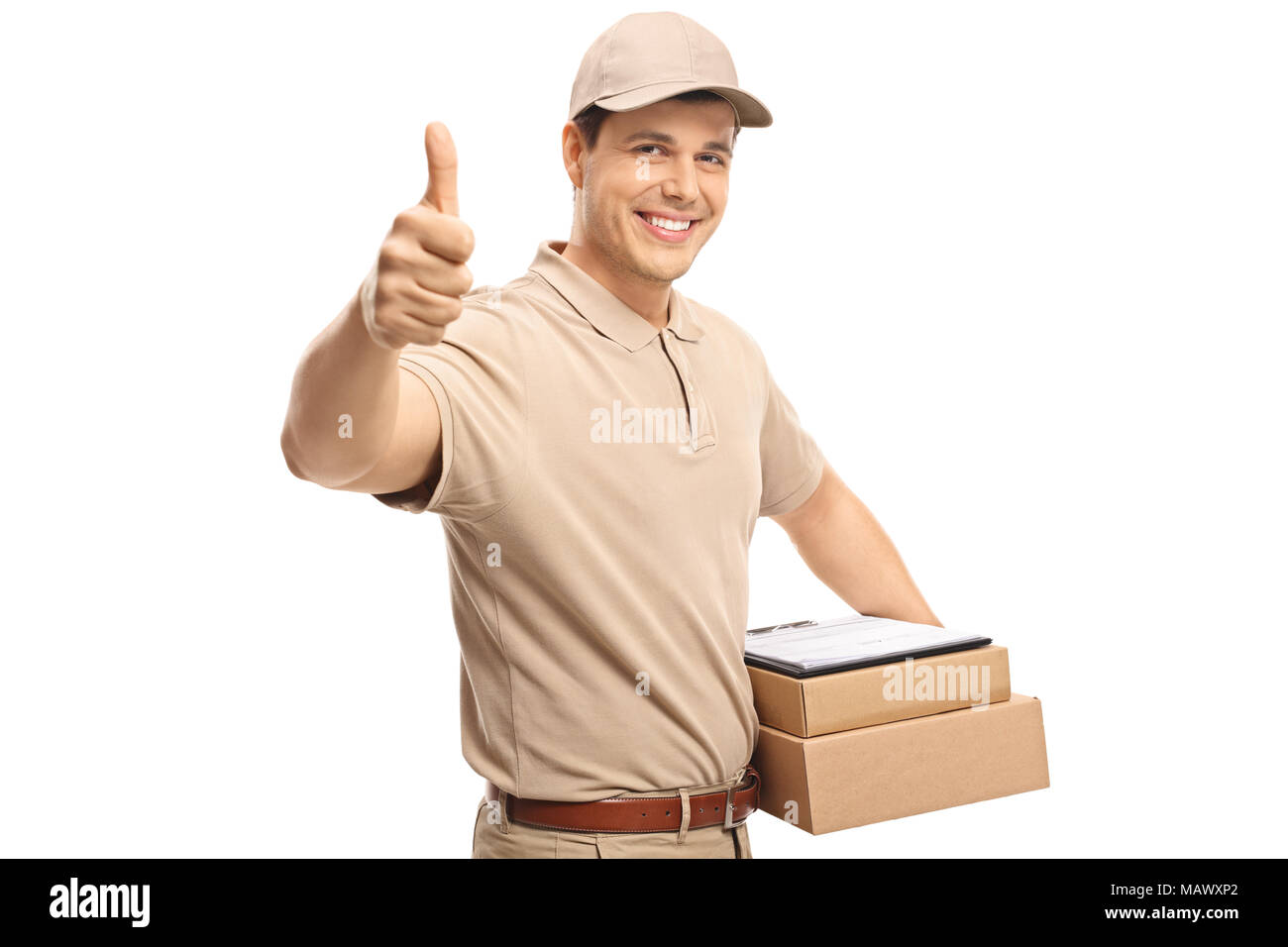 Delivery man making a thumb up sign isolated on white background Stock ...