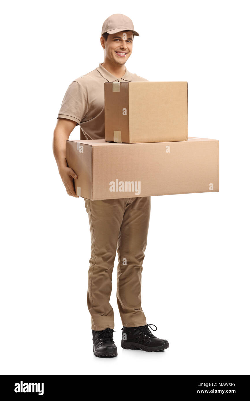 Full length portrait of a delivery man with packages isolated on white ...