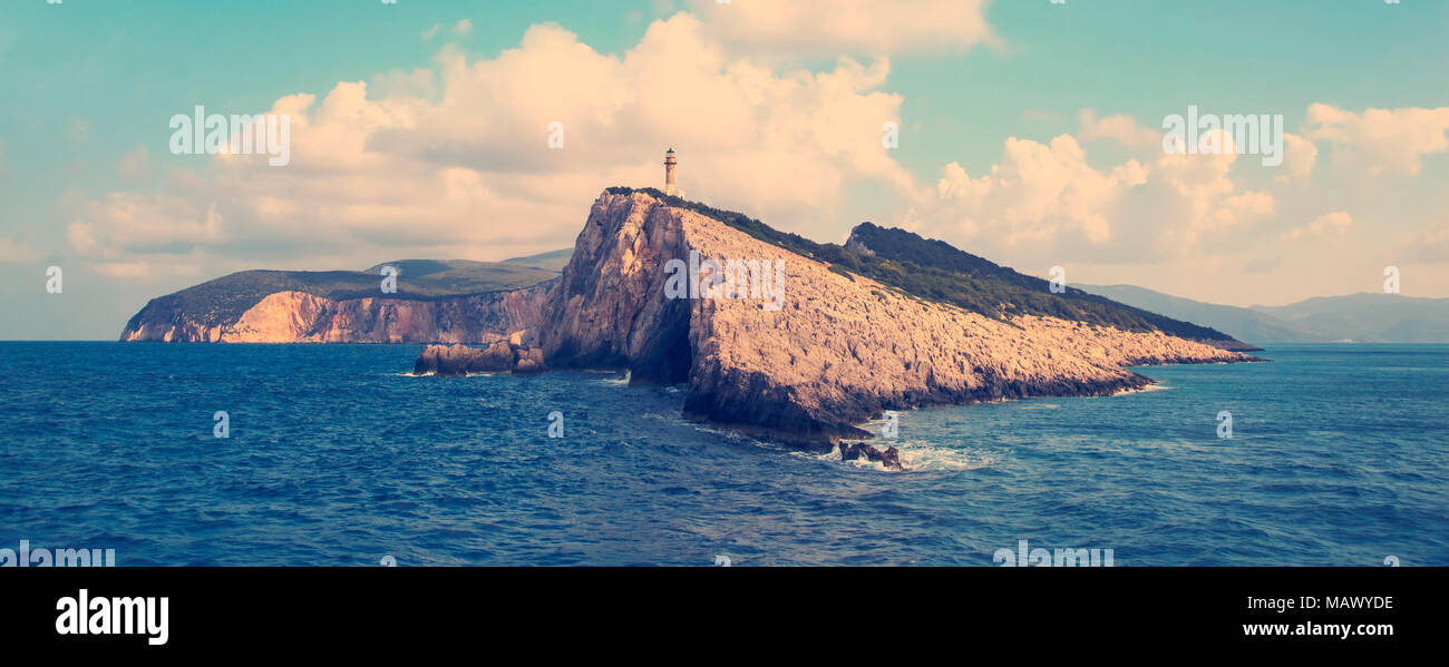 Panorama Lighthouse on Cape of Lefkada island, Greece Stock Photo - Alamy