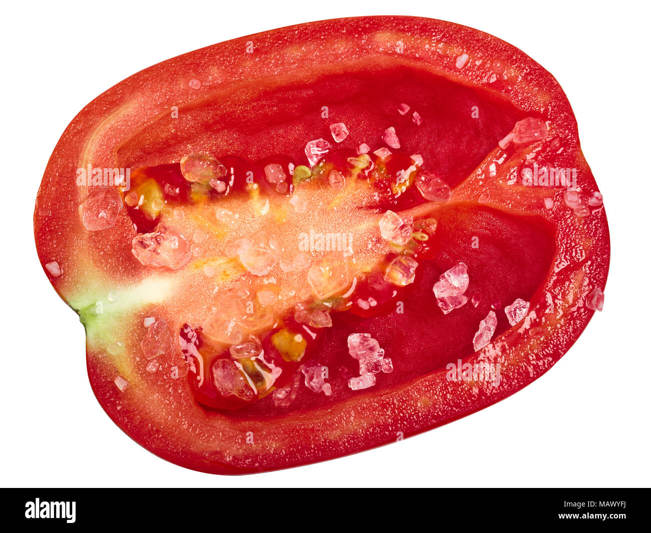 Plum Roma tomato half, salted, top view. Solanum lycopersicum fruit ... Plum Roma tomato half, salted, top view. Solanum lycopersicum fruit ...