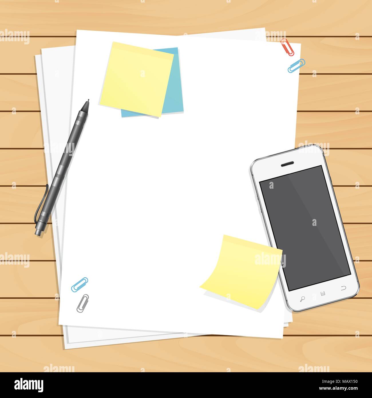 Workplace organization. Top view with wooden table, smartphone, pen ...