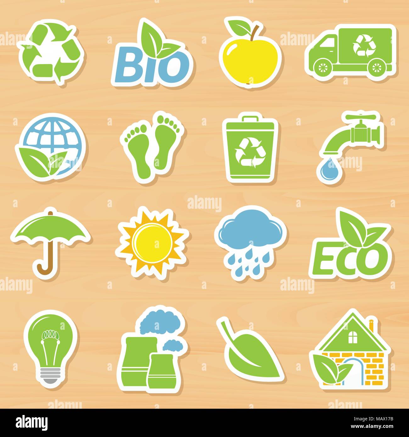 Ecology stickers set on wooden background. Vector illustration Stock ...