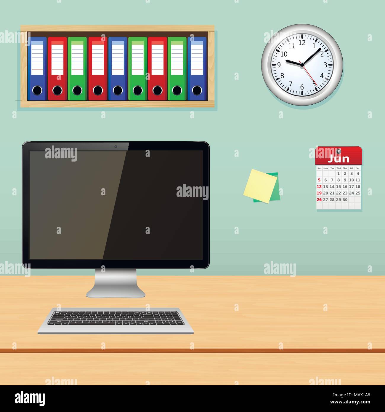 Designer workplace with computer pc, file folder, calendar and wall ...
