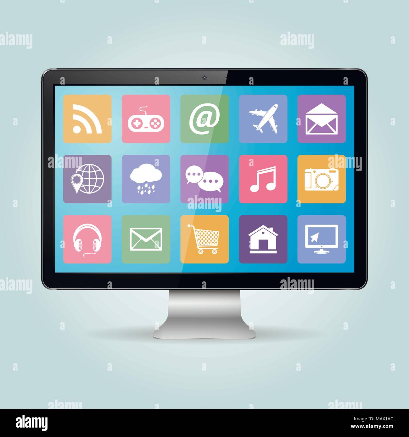 Modern office business desktop computer PC monitor with icons. Vector ...