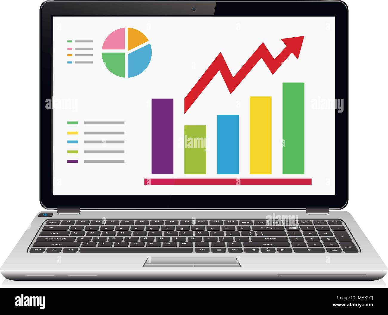 Laptop with graphs, statistics on screen isolated on white background ...