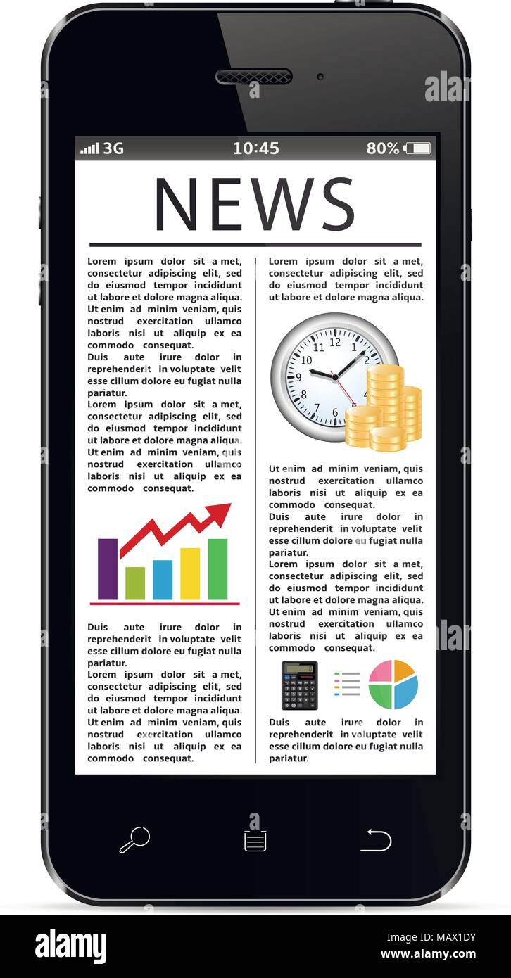 Smart phone with a news page on the screen, isolated on white ...
