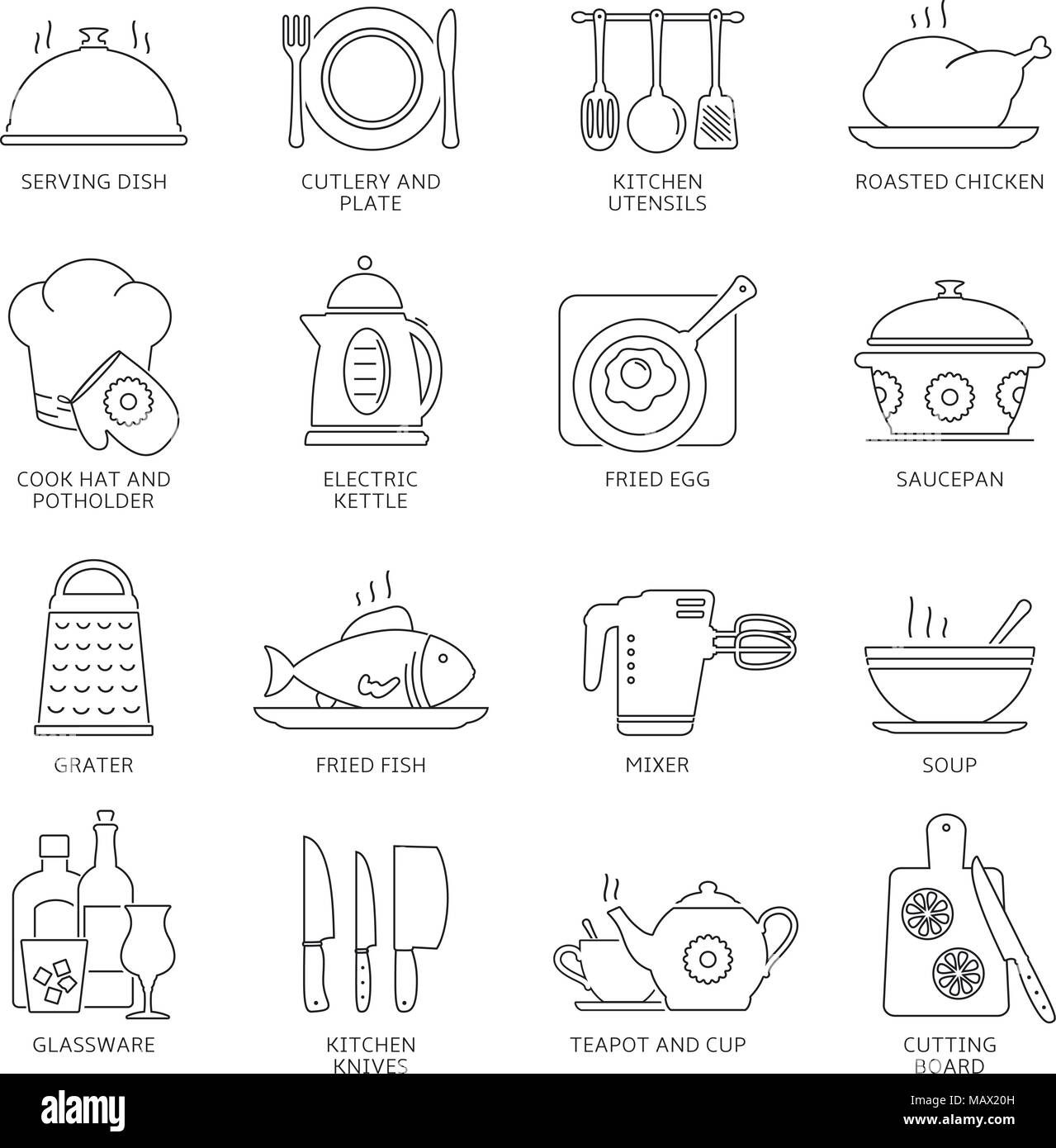 Set kitchen utensils saucepan Black and White Stock Photos & Images - Alamy