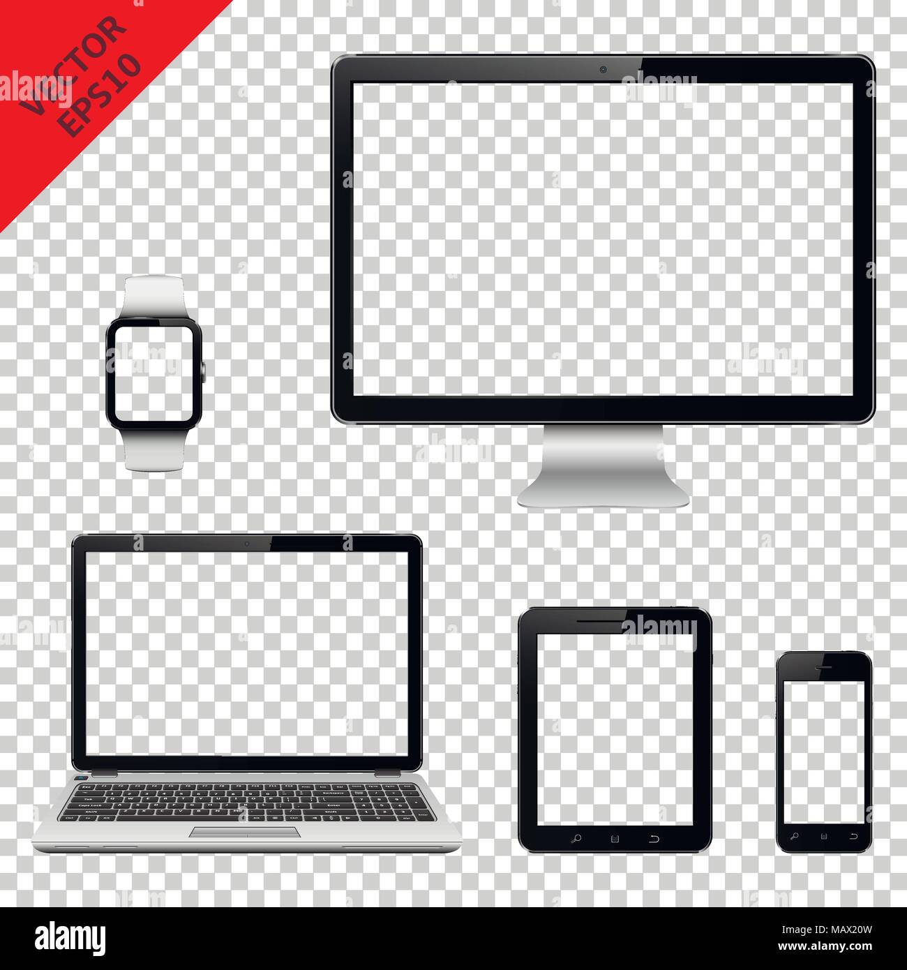 Various modern electronic gadget with transparent screen isolated on ...