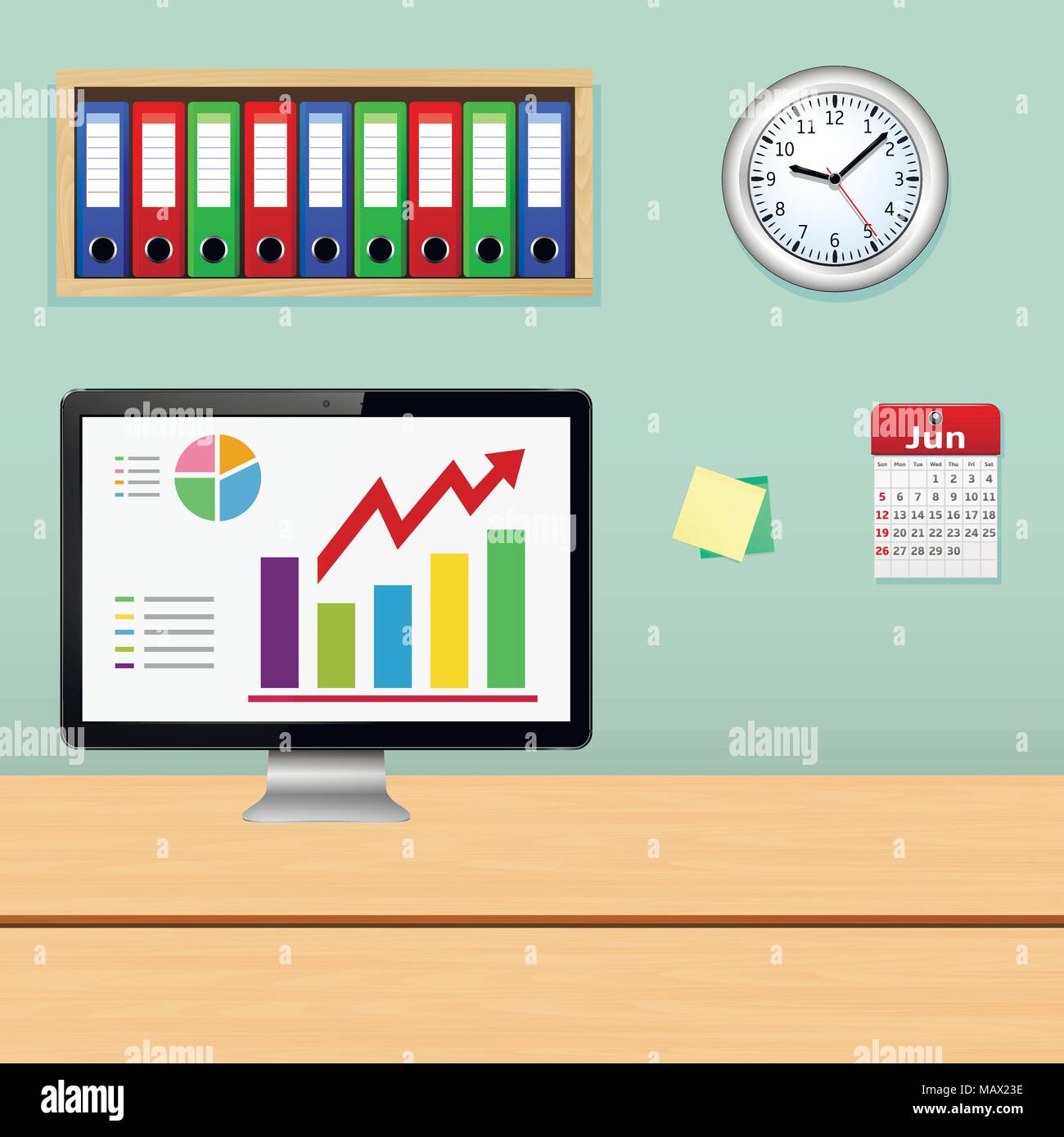Office workplace. Monitor with information analysis on the screen ...
