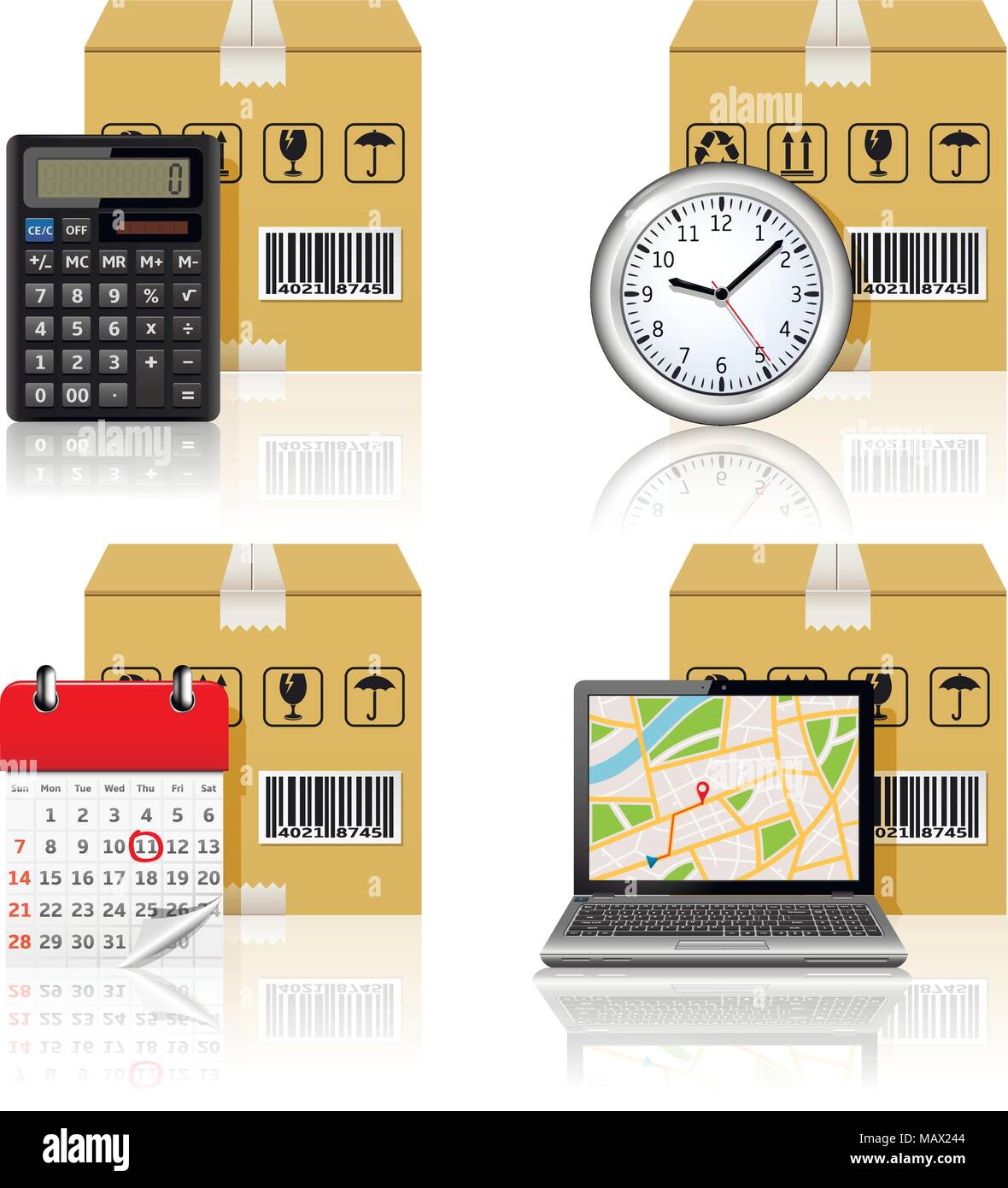 Logistics icons with reflection isolated on white background Stock ...