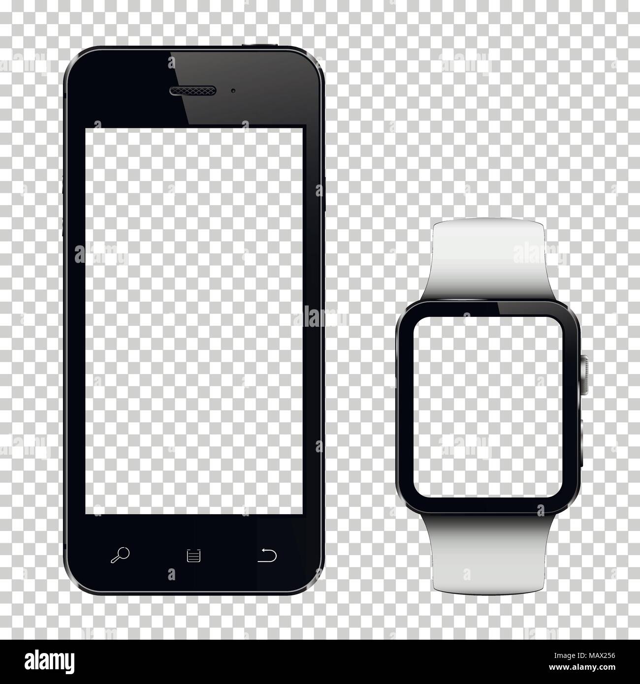 Smart phone and smart watch with transparent screen isolated on ...