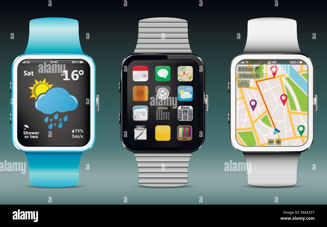 Smart watches with app icons, weather and GPS navigation widgets Stock ...