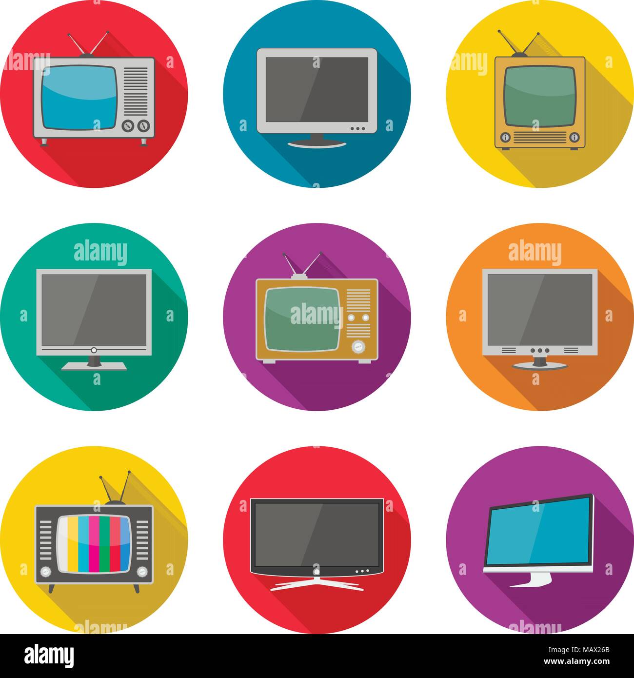 Modern and retro TV icons in flat design style with long shadow Stock ...