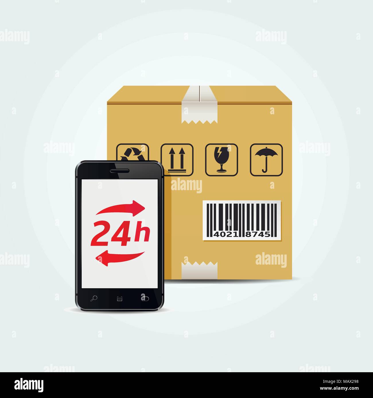 24h Delivery Service. Cardboard box and smart phone with 24 hours delivery signs. Vector ...