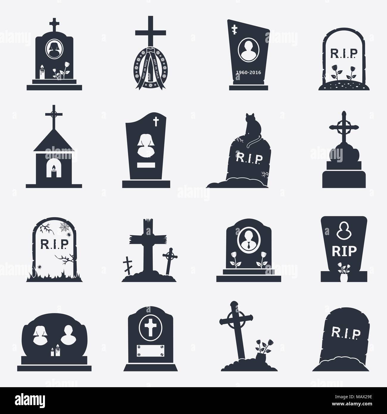 Gravestones and tombstones icons for funeral service website design ...